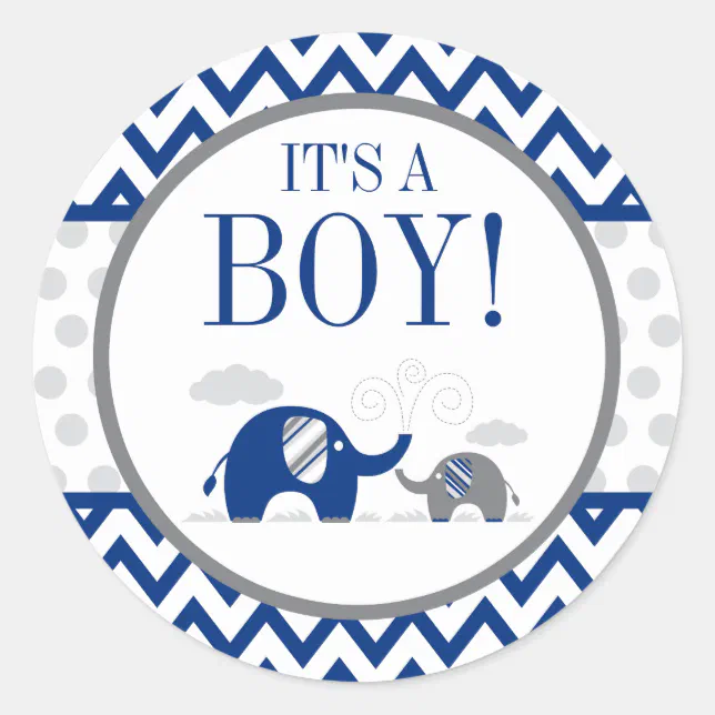 Elephant Navy Blue Gray Boy Baby Shower Classic Round Sticker | Zazzle