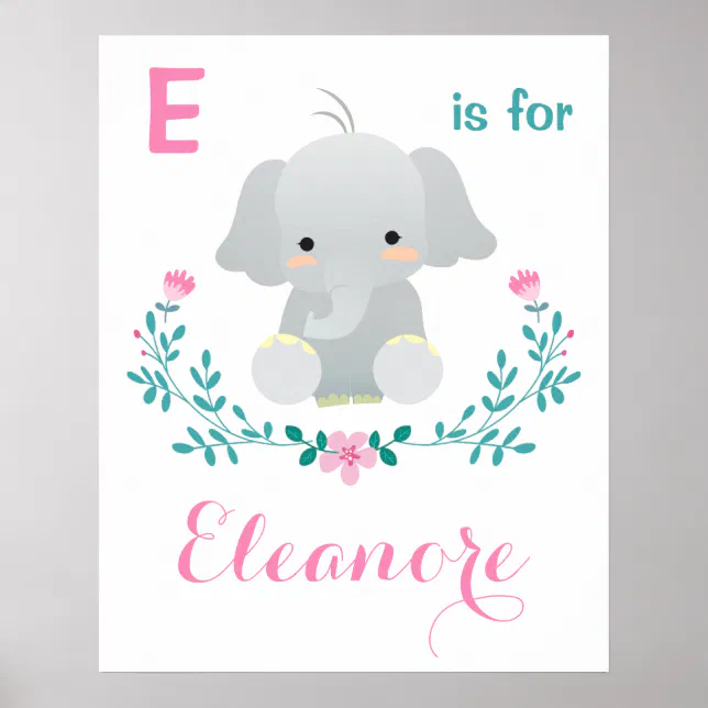 Elephant nursery art print | Baby girl custom name | Zazzle