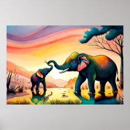 elephant painting india child mother happy life poster | Zazzle