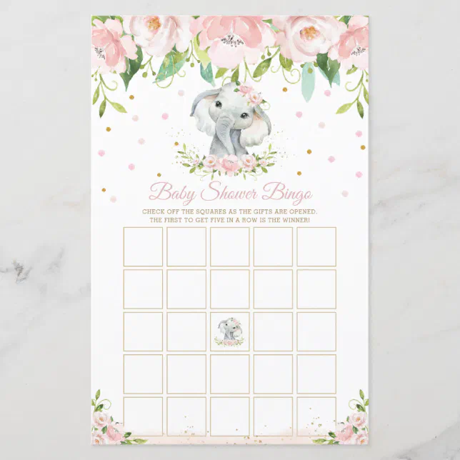 Elephant Pink Floral Baby Shower Bingo Game | Zazzle
