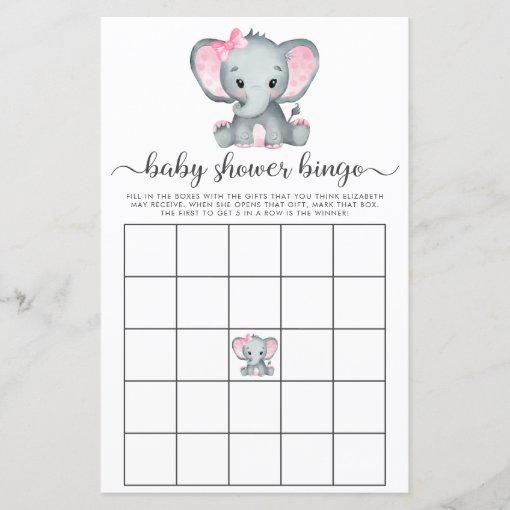 Elephant Pink Watercolor Baby Bingo Shower Game | Zazzle