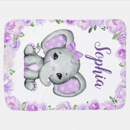 Elephant Purple Bow Baby Blankets Floral Name | Zazzle