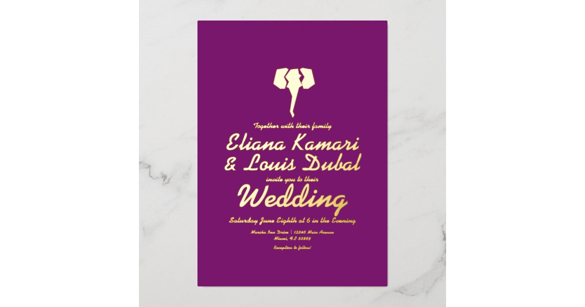 Elephant Purple Ethnic Wedding Pressed Foil Invitation | Zazzle