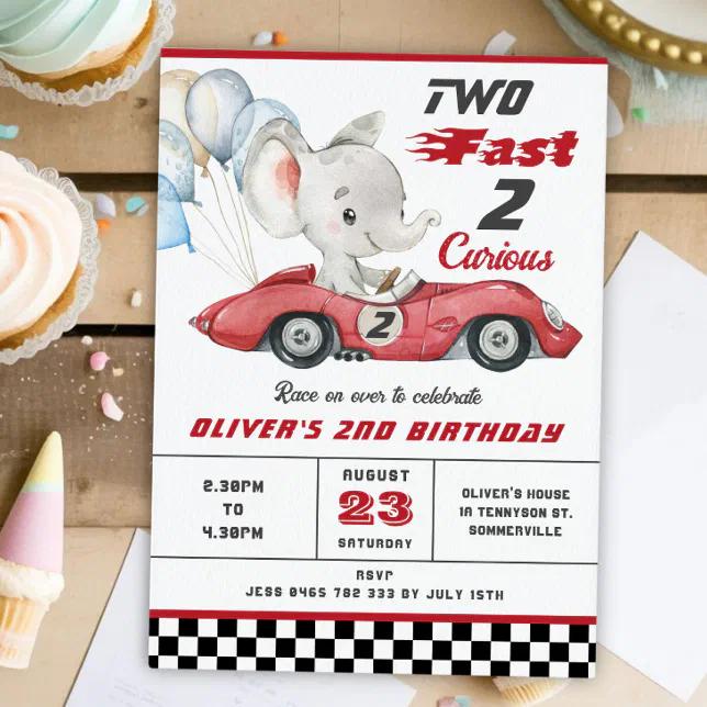 Elephant Red Race Car Two Fast 2nd Birthday Invitation | Zazzle