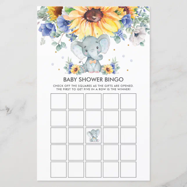 Elephant Sunflower Blue Baby Shower Bingo Game | Zazzle