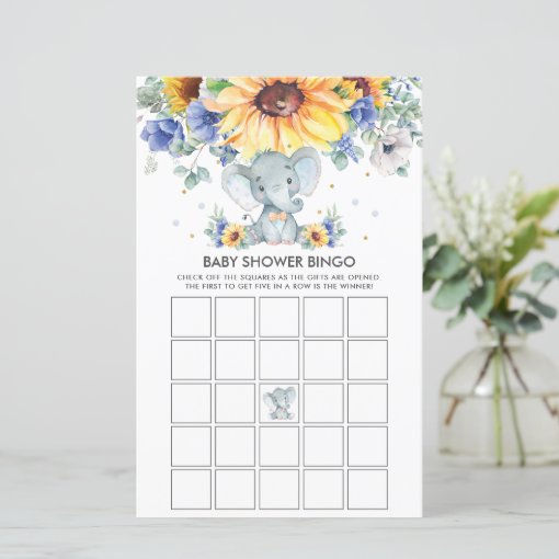 Elephant Sunflower Blue Baby Shower Bingo Game | Zazzle