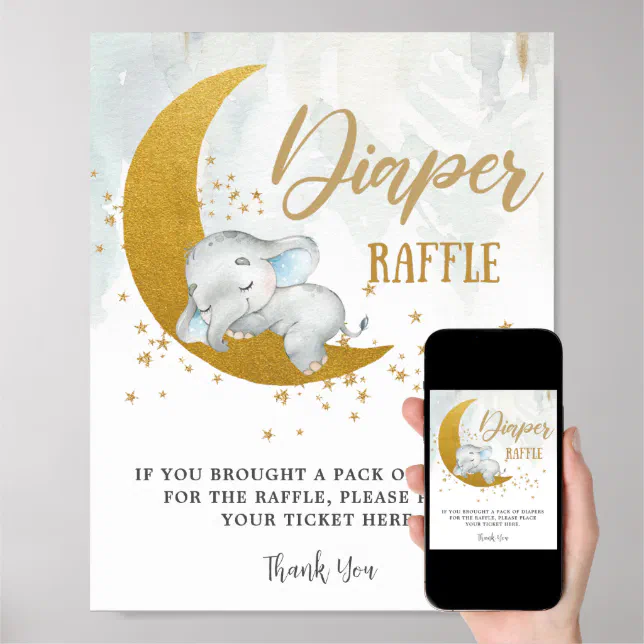 Elephant We're Over the Moon Boy Diaper Raffle Poster | Zazzle
