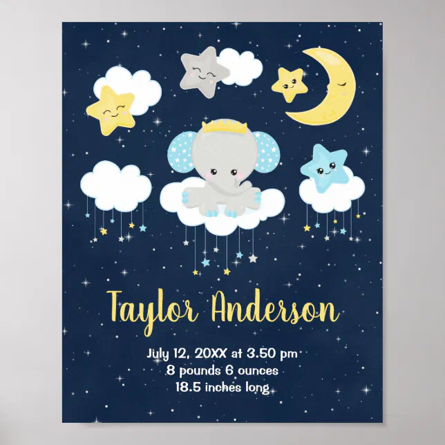 Elephant Yellow and Navy Baby Birth Statistics Poster | Zazzle