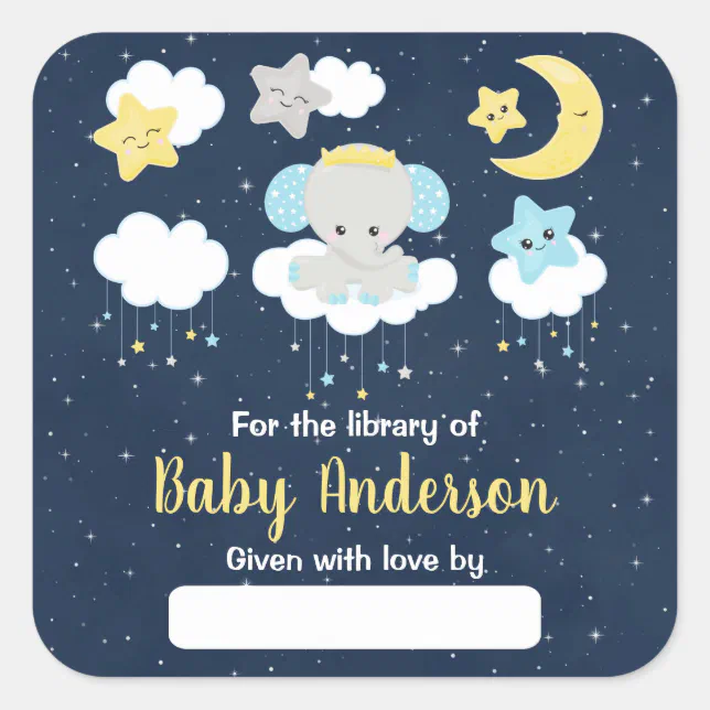 Elephant Yellow and Navy Baby Library Bookplate | Zazzle