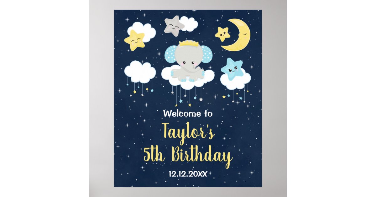 Elephant Yellow and Navy Birthday Party Welcome Poster | Zazzle