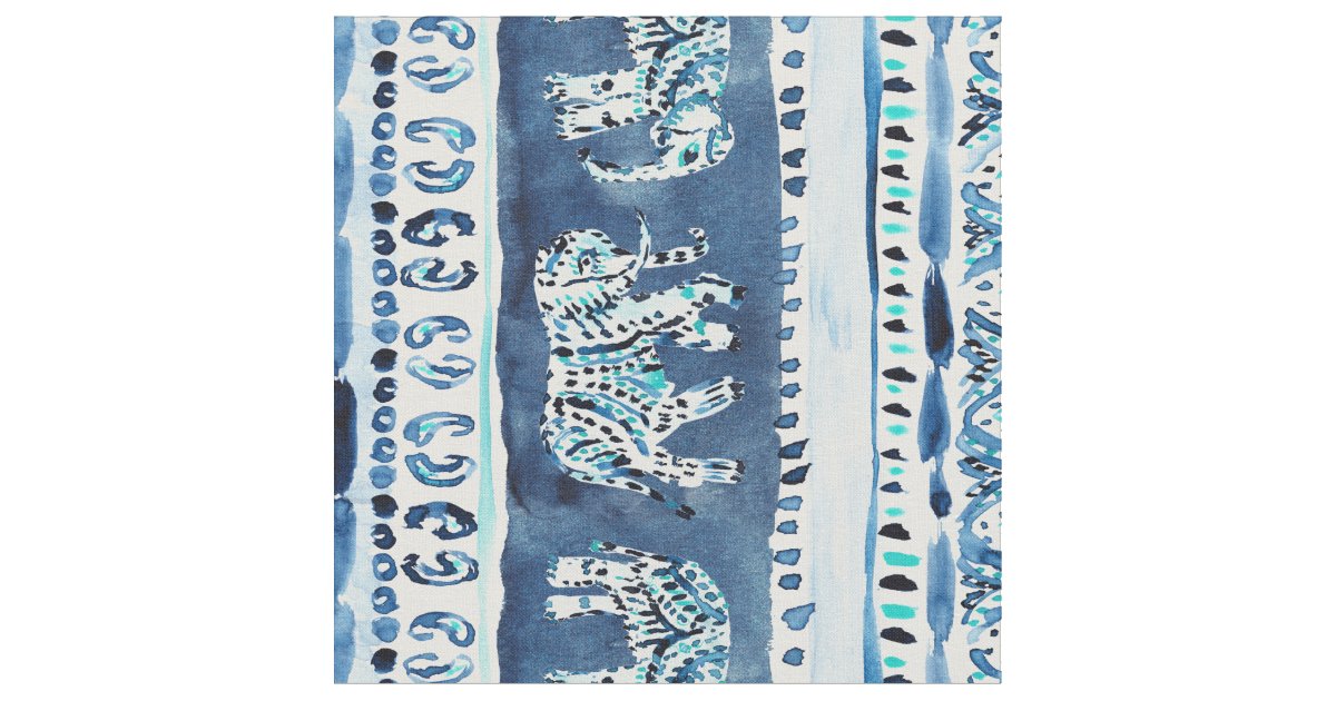 ELEPHANTING Indigo Elephant Tribal Fabric | Zazzle