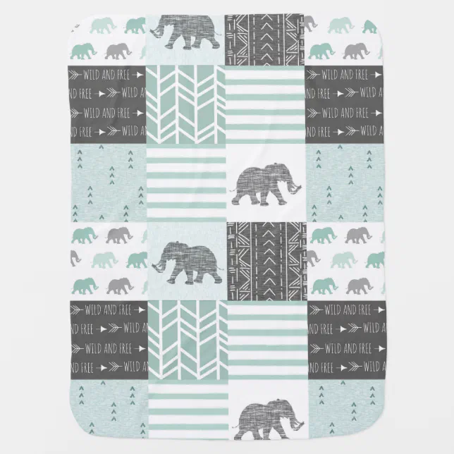 Elephants Patchwork Baby Blanket - sage | Zazzle