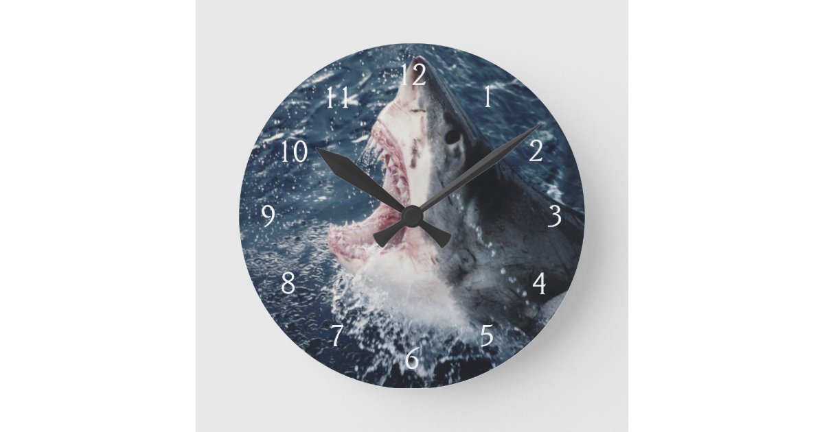 Elevated Shark mouth open Round Clock | Zazzle