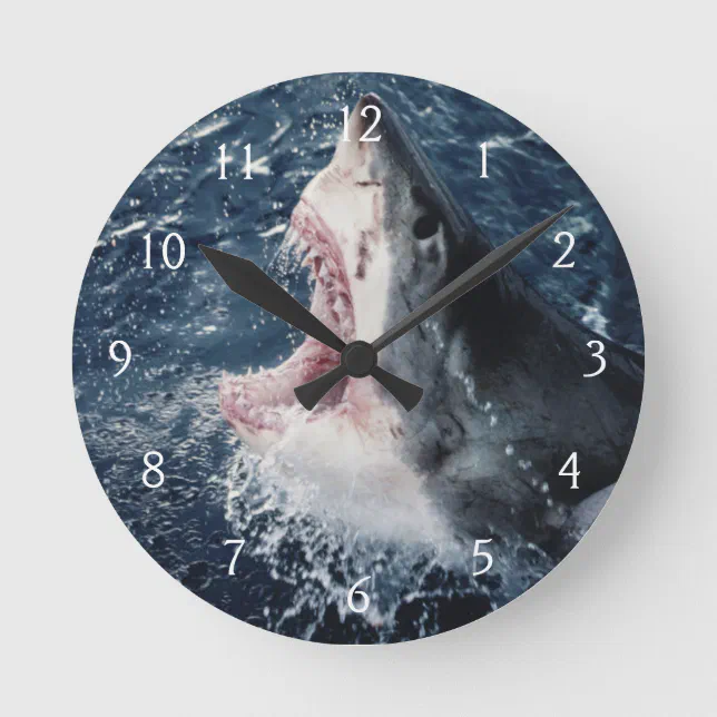 Elevated Shark mouth open Round Clock | Zazzle