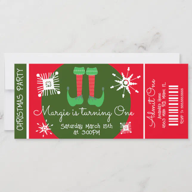 Elf Christmas First Birthday Ticket Party Invitation | Zazzle