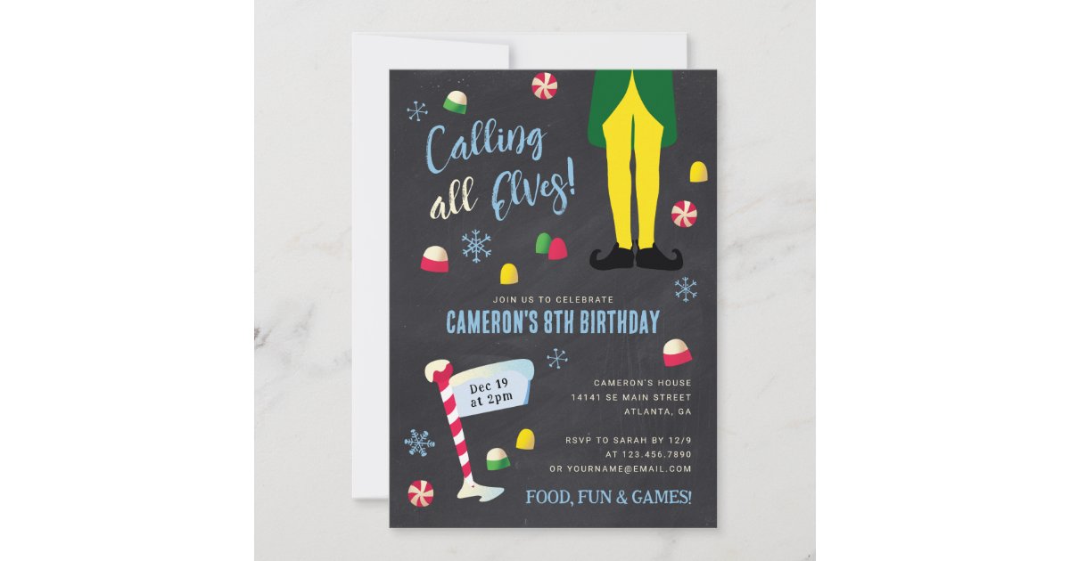 Elf Movie Kids Chalkboard Winter Birthday Invitation | Zazzle