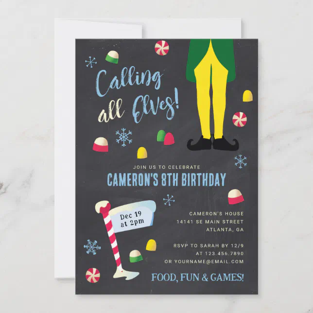 Elf Movie Kids Chalkboard Winter Birthday Invitation | Zazzle