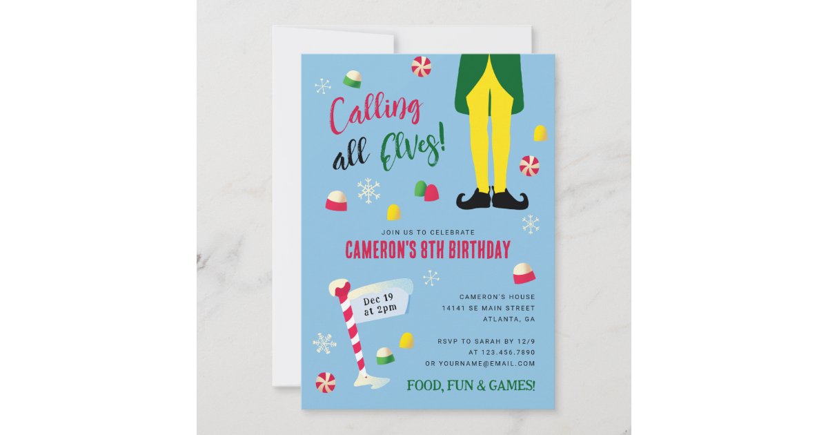 Elf Movie Kids Winter Birthday - Blue Invitation | Zazzle