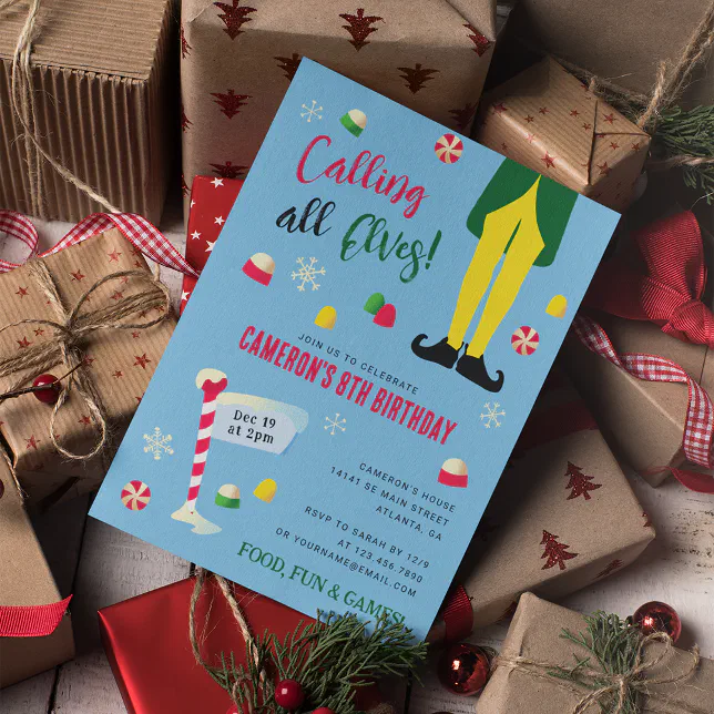 Elf Movie Kids Winter Birthday - Blue Invitation | Zazzle