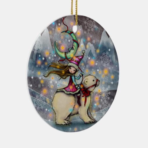 Elf Riding Polar Bear Christmas Holiday Art Ceramic Ornament | Zazzle