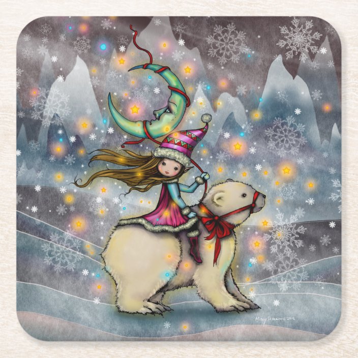 Elf Riding Polar Bear Christmas Holiday Art Square Paper Coaster ...