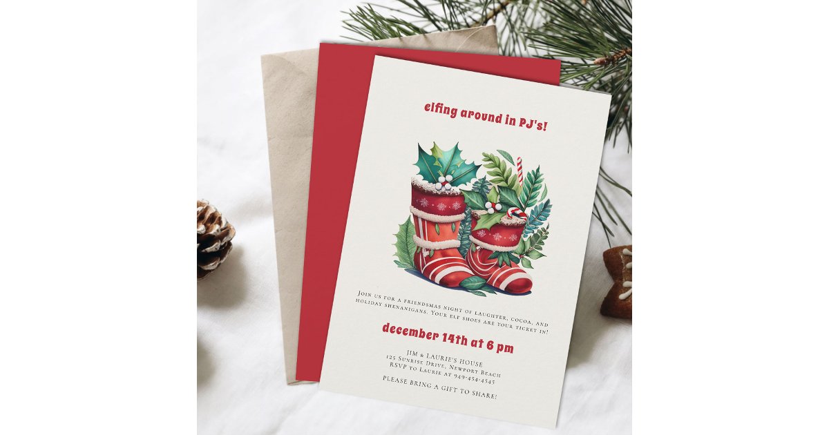 Elfing PJs Friendsmas Funny Christmas Party Invitation | Zazzle