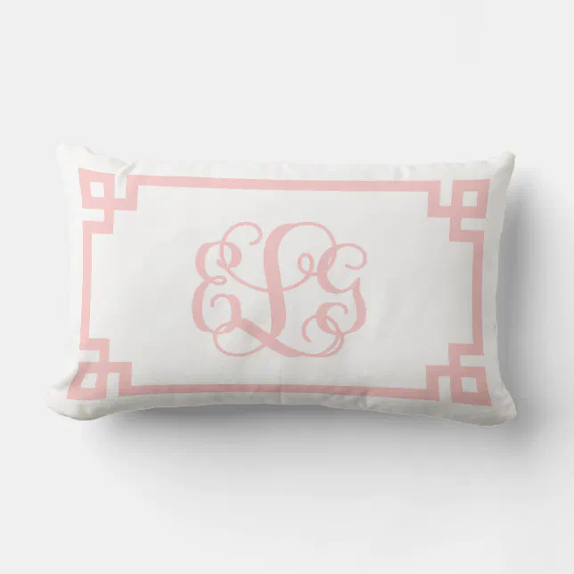 ELG Light Pink Greek Key Script Monogram Lumbar Pillow | Zazzle