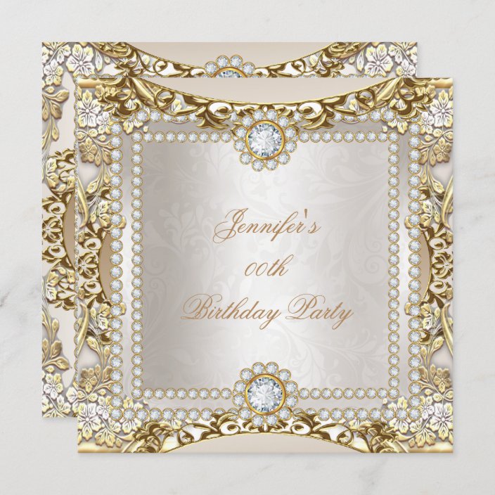 Elite Cream Gold Diamond Damask Birthday Party Invitation