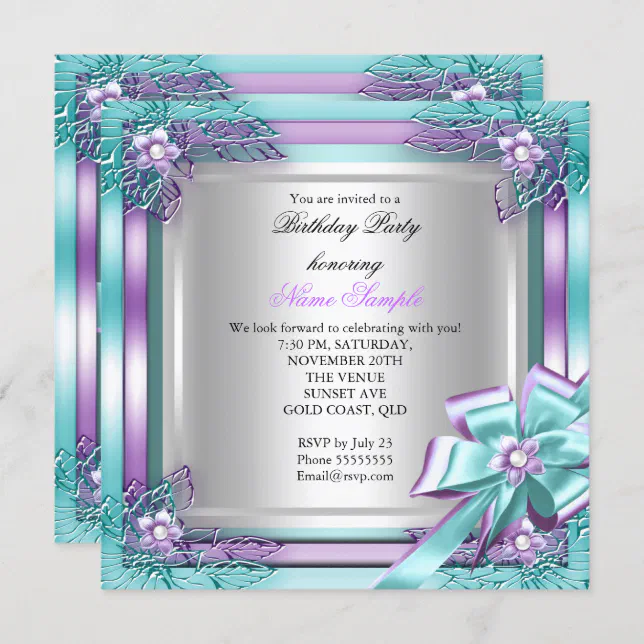 Elite Elegant Birthday Party Teal Purple Silver Invitation | Zazzle