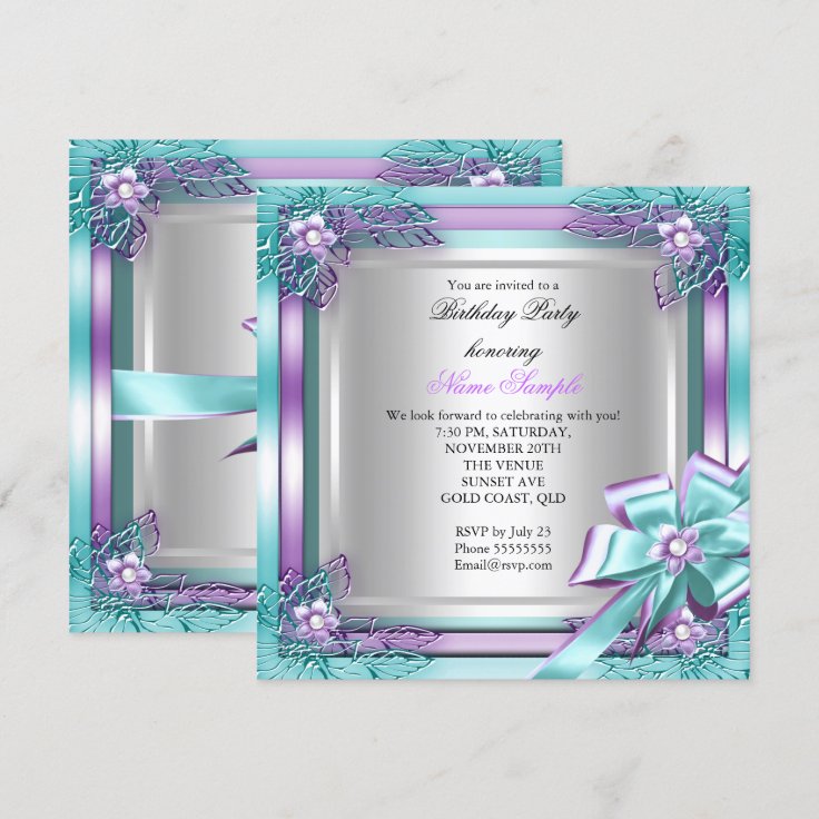 Elite Elegant Birthday Party Teal Purple Silver Invitation | Zazzle