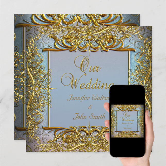 Elite Elegant Wedding Blue Set Beige Gold Invitation | Zazzle