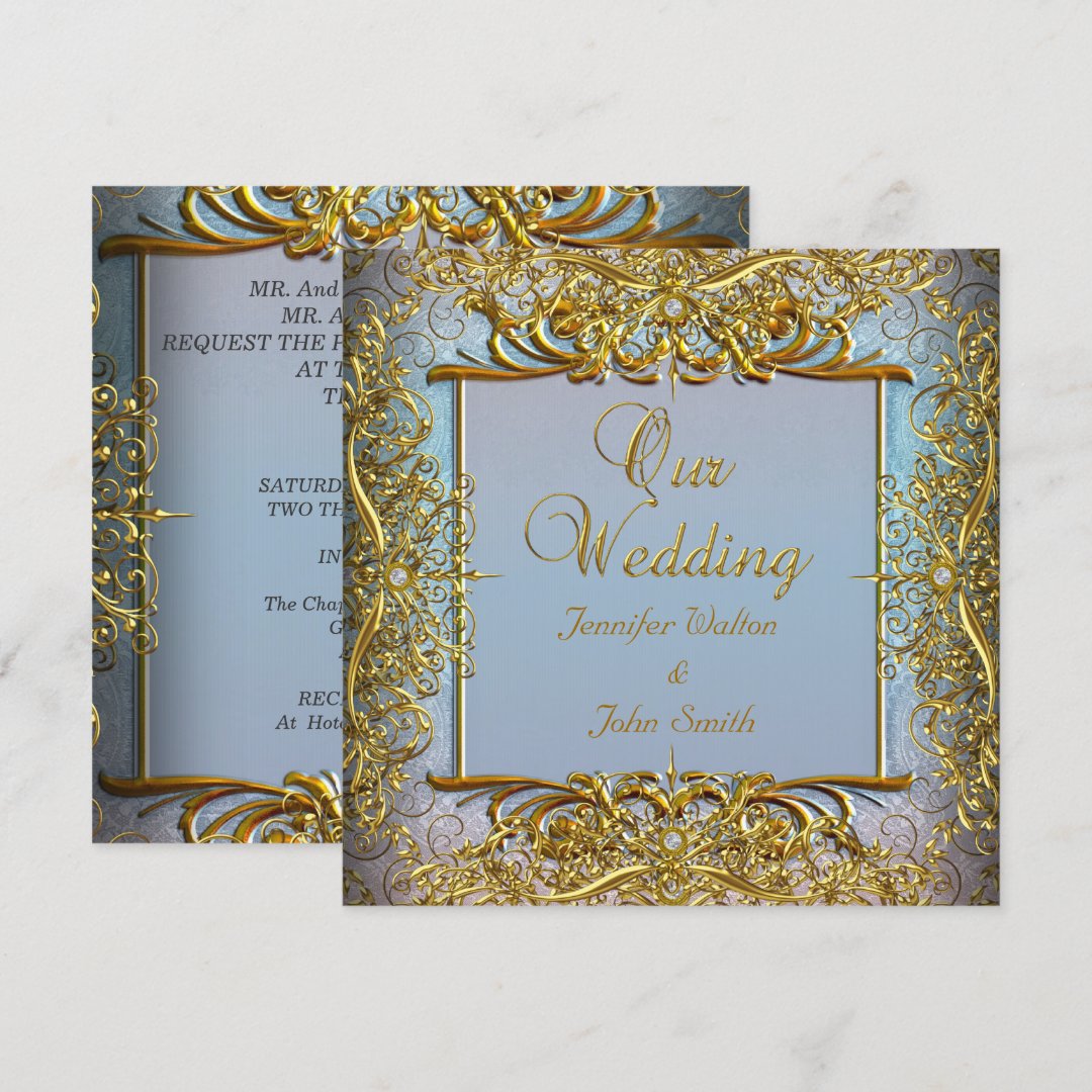 Elite Elegant Wedding Blue Set Beige Gold Invitation | Zazzle