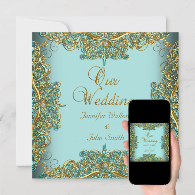 Elite Elegant Wedding Ornate Blue Set Gold Invitation | Zazzle