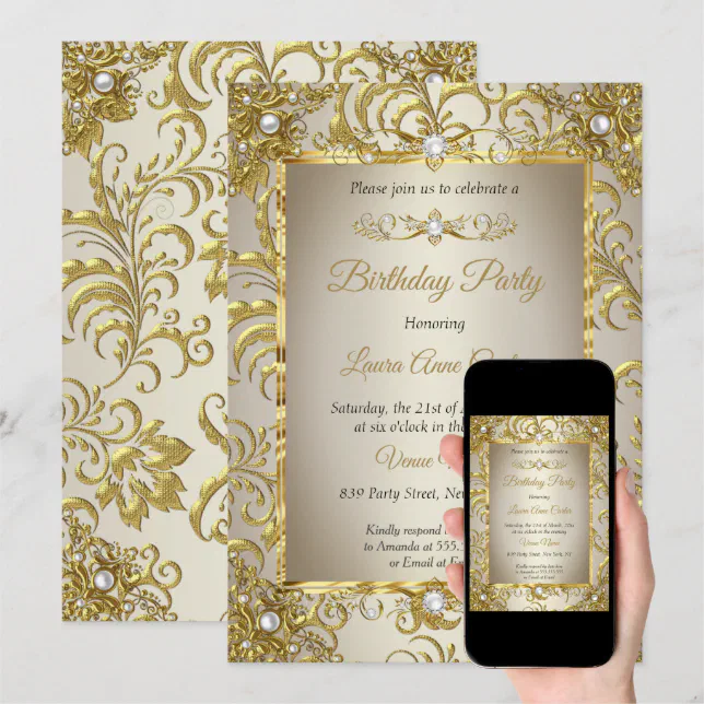 Elite Gold Damask Cream Pearl Birthday Party Invitation | Zazzle