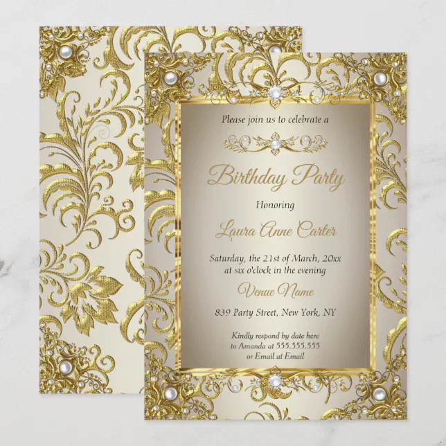 Elite Gold Damask Cream Pearl Birthday Party Invitation | Zazzle