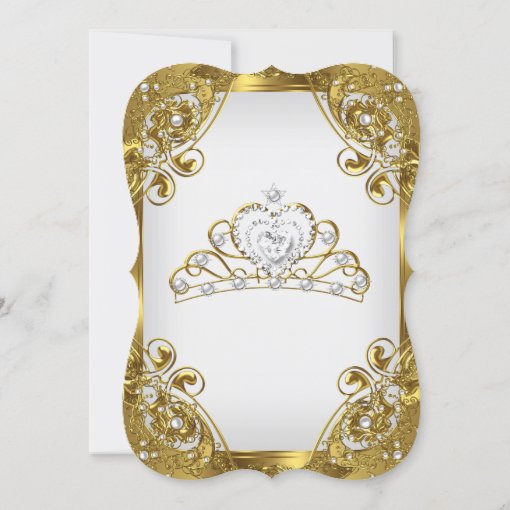 Elite Golden White Pearl Lace Tiara Birthday Party Invitation | Zazzle