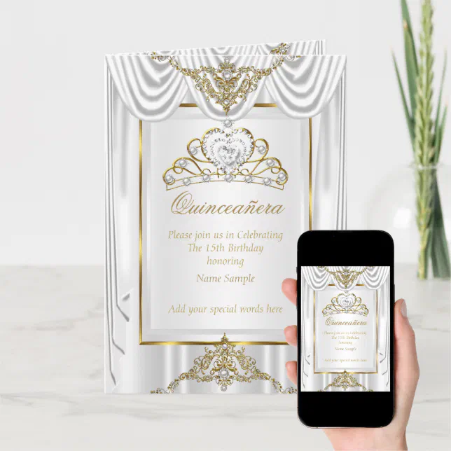 Elite Quinceanera White Silk Gold Pearl Tiara Invitation | Zazzle