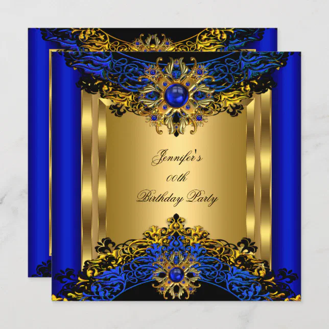 Elite Royal Blue Gem Gold Black Birthday Party 2 Invitation | Zazzle