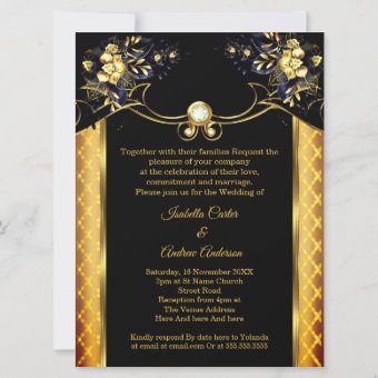 Elite Wedding Gold Black Floral Diamonds Invitation | Zazzle
