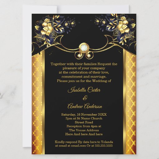Elite Wedding Gold Black Floral Diamonds Invitation | Zazzle