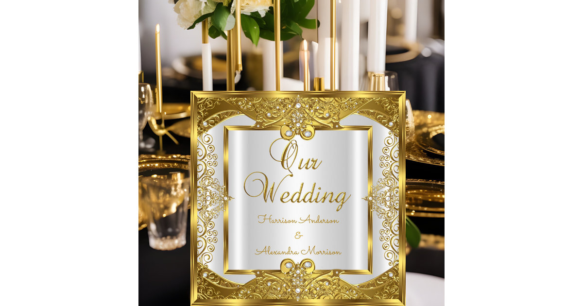 Elite Wedding Gold White Pearls Golden Frame Invitation | Zazzle