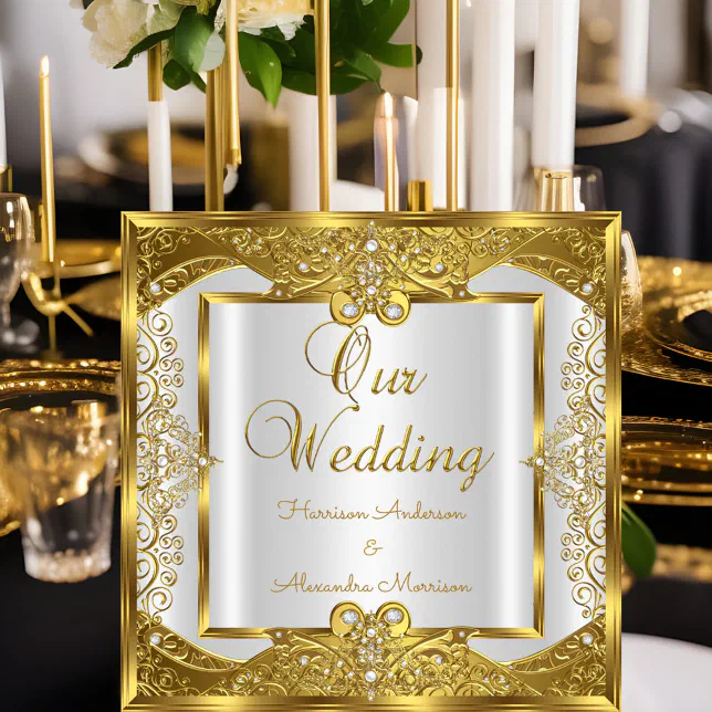Elite Wedding Gold White Pearls Golden Frame Invitation | Zazzle