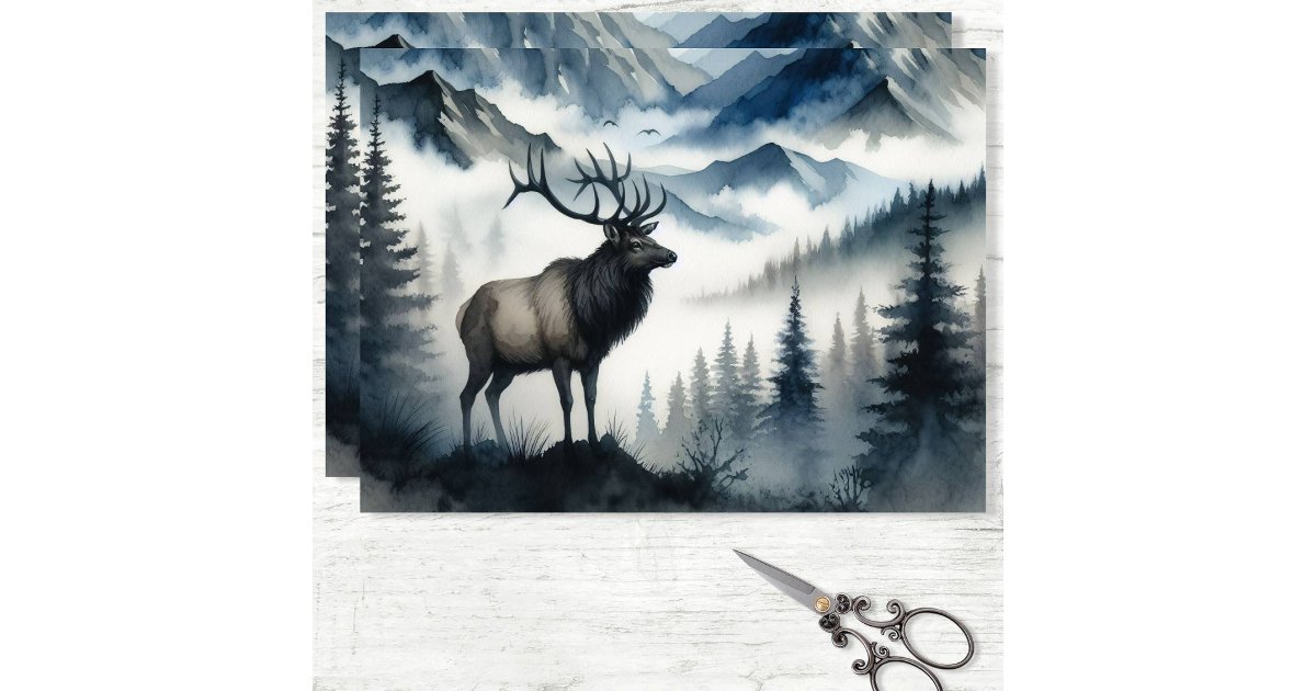 Elk Misty Mountains Watercolor Decoupage Tissue Paper | Zazzle