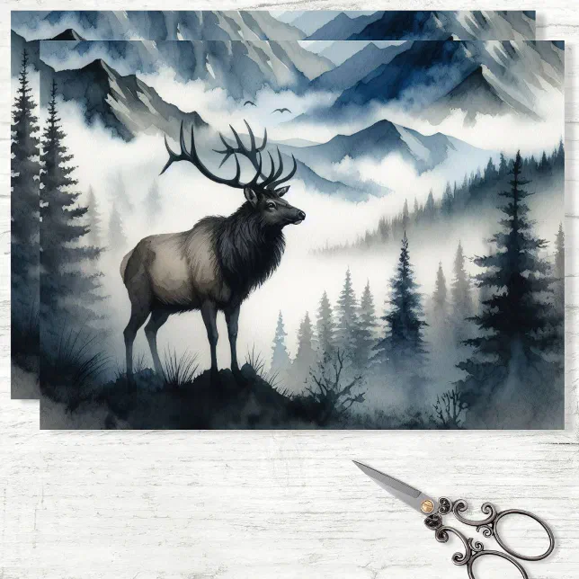 Elk Misty Mountains Watercolor Decoupage Tissue Paper | Zazzle