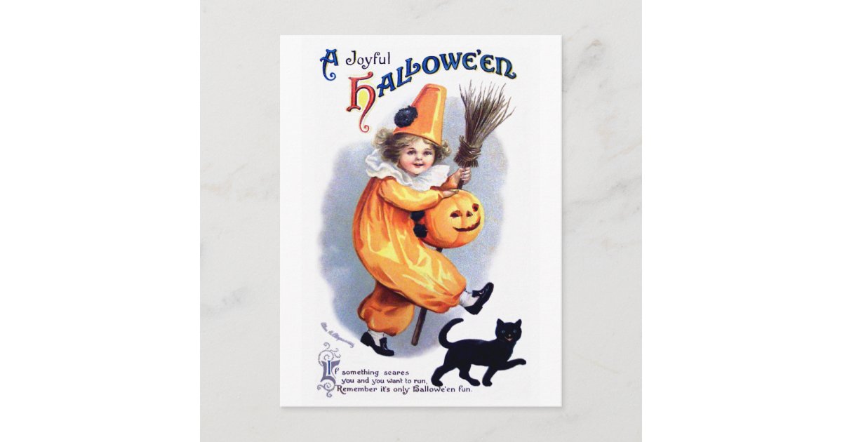 Ellen H. Clapsaddle: Halloween Harlequin with Cat Postcard | Zazzle