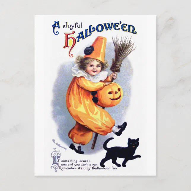 Ellen H. Clapsaddle: Halloween Harlequin with Cat Postcard | Zazzle