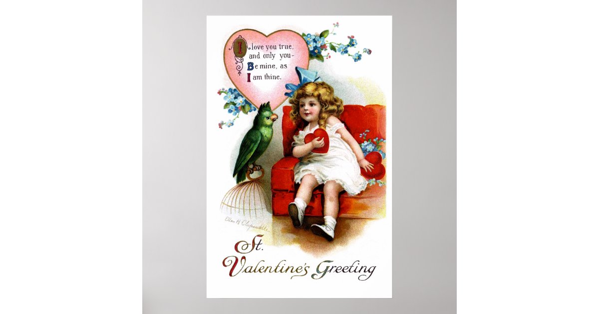 Ellen H. Clapsaddle: Valentine Girl with Parrot Poster | Zazzle