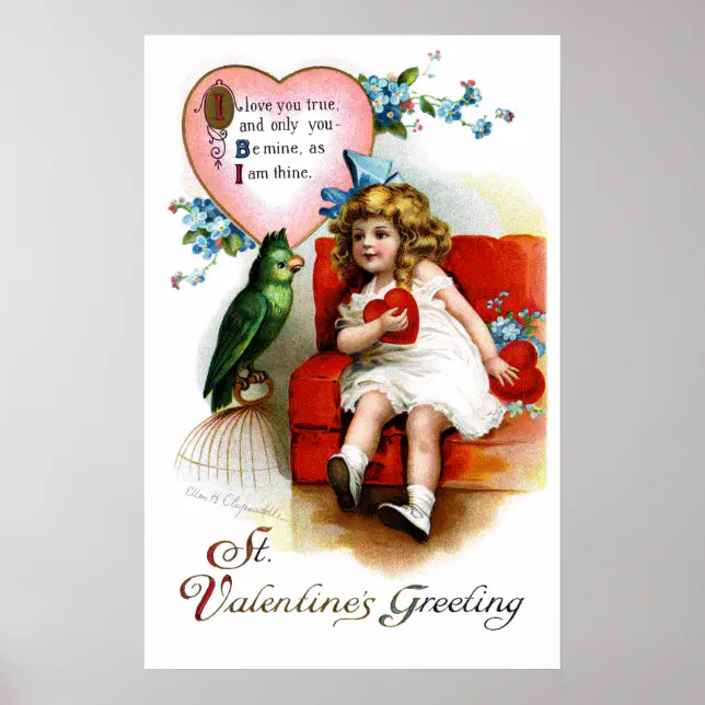 Ellen H. Clapsaddle: Valentine Girl with Parrot Poster | Zazzle