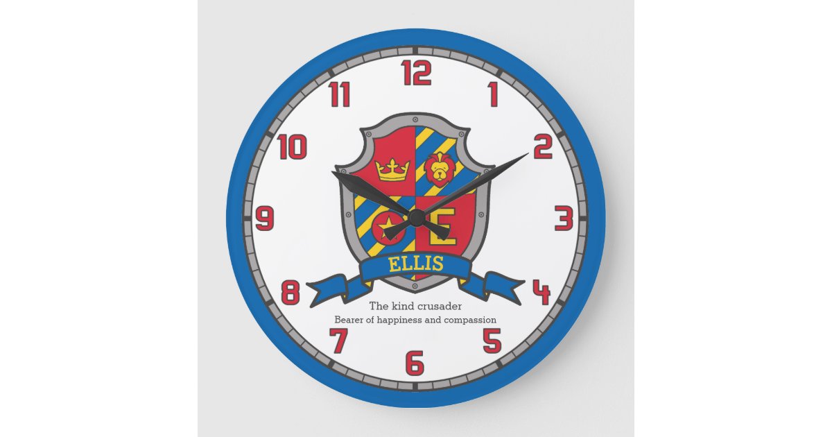 Ellis name meaning heraldry shield letter E lion Large Clock | Zazzle