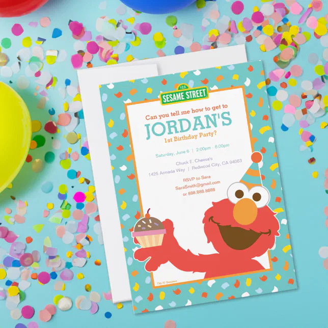 Elmo - Cupcake & Confetti 1st Birthday Invitation | Zazzle
